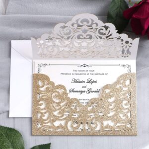 yimil 20 pcs laser cut wedding invitation cards with envelopes for wedding quinceañera birthday engagement bridal shower graduation party (gold glittler)