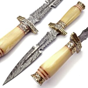 skokie knives handmade damascus steel dagger knife - :original camel bone handle - with brass spacer and red fiber sheet