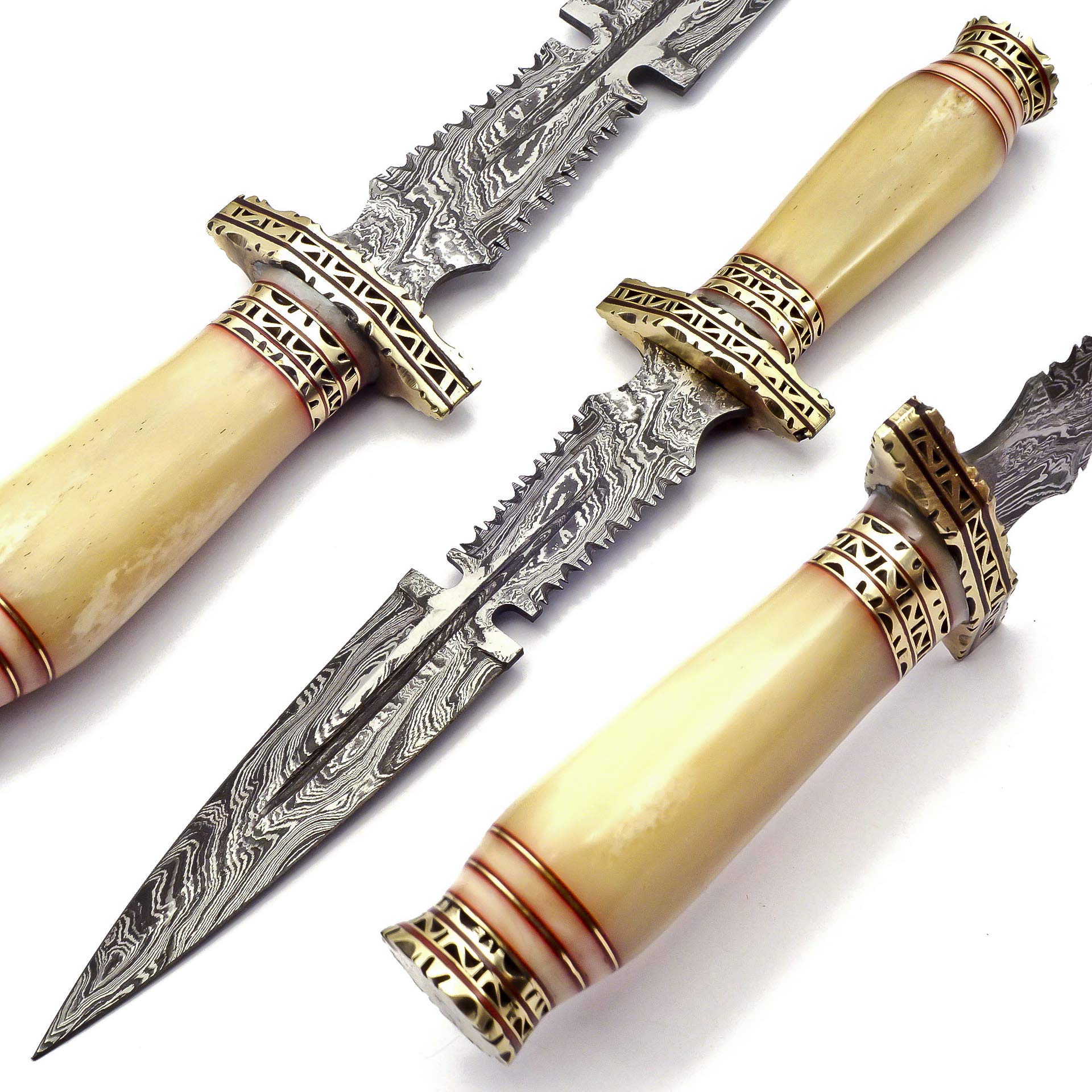 Skokie Knives Handmade Damascus Steel Dagger Knife - :Original Camel Bone Handle - with Brass Spacer and Red Fiber Sheet