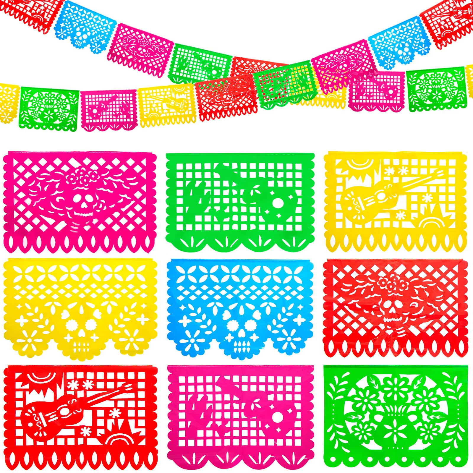 FUTUREPLUSX Mexican Party Banner, 18 Feet Plastic Day of The Dead Papel Picado Banner Cinco De Mayo Decorations Mexican Fiesta Garland for Party Supplies