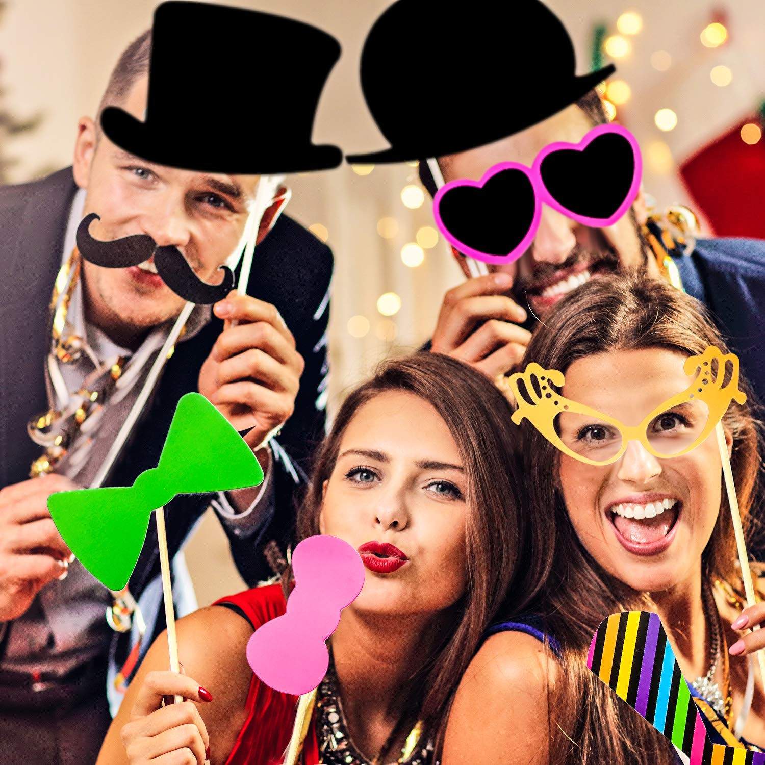 60 Pieces Photo Booth Props DIY Kit Graduation Funny Selfie Props Accessories for Wedding Prom Photo Booth Party Supplies Favors with Mustache on a Stick, Hats, Glasses, Mouth, Bowler, Bowties