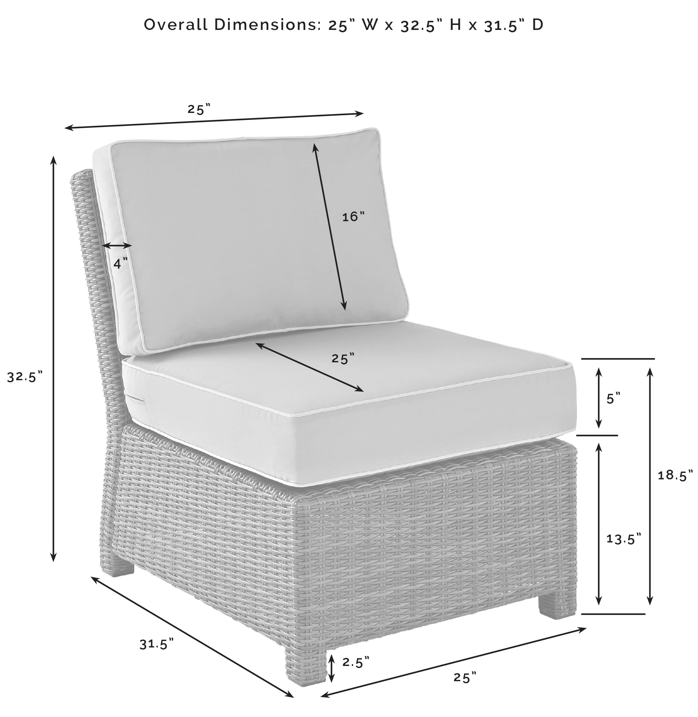 Crosley Furniture Bradenton Armless Outdoor Sectional Chair, Wicker Patio Chairs for Porch, Deck, Backyard, Gray with Gray Cushions