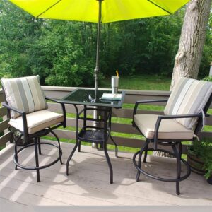 PatioFestival 3 Pcs Outdoor Height Bistro Chairs Set Patio Swivel Bar Stools with 2 Yard Armrest Chairs and 1 Glass Top Table,All Weather Steel Frame Furniture (Chairs&Table Set)