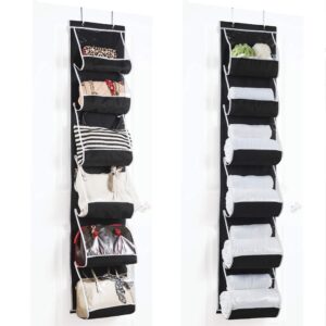 zober purse organizer for closet - over the door purse organizer w/ 6 pockets for easy purse storage - durable metal hooks - purse rack w/clear pockets - black (2 pack)