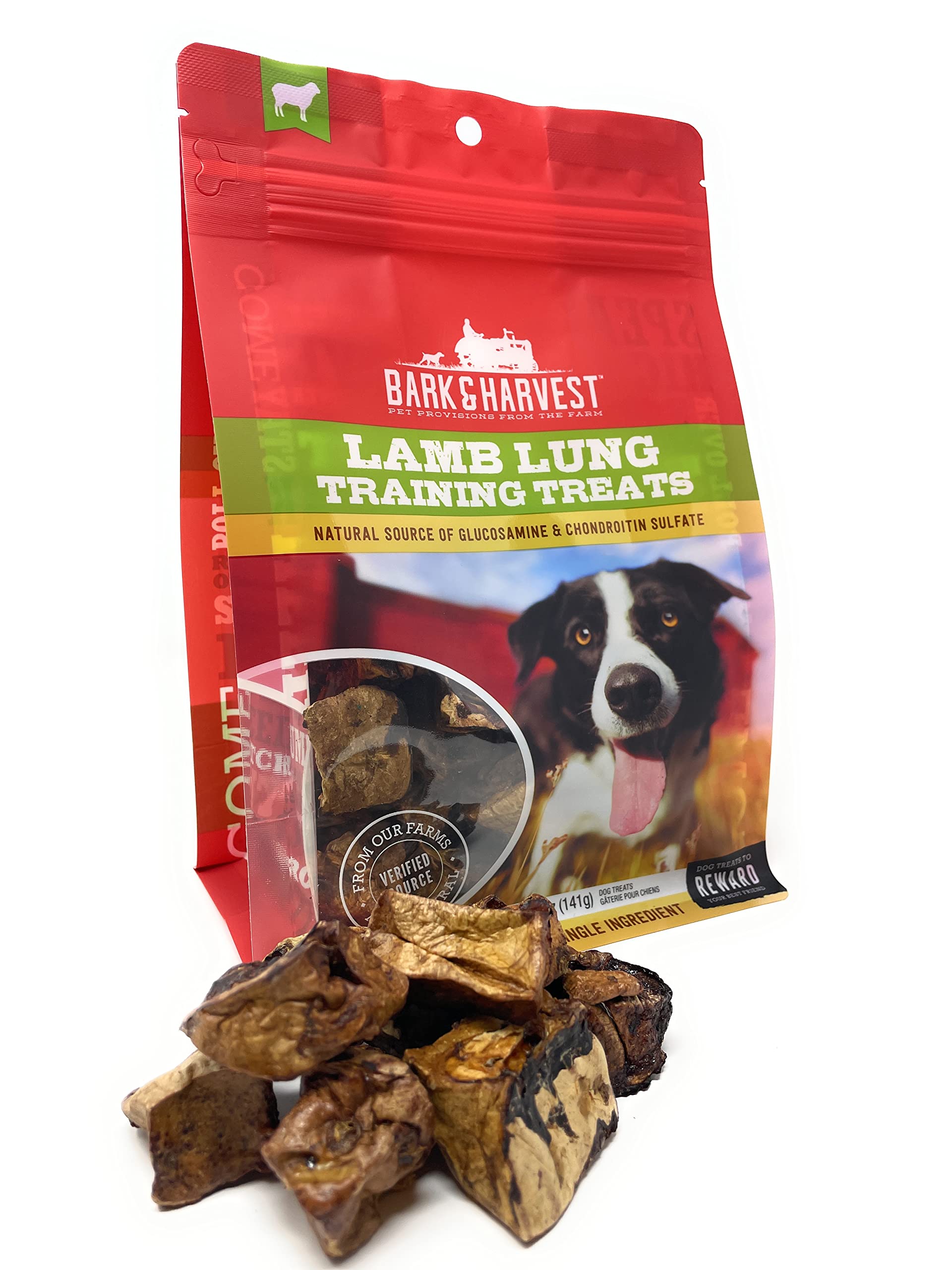 Bark & Harvest Dried Lamb Lung Training Treats - Grain Free Dog Training Chew Treats -Natural Source of Glucosamine & Chondroitin, 5 Ounce Bag