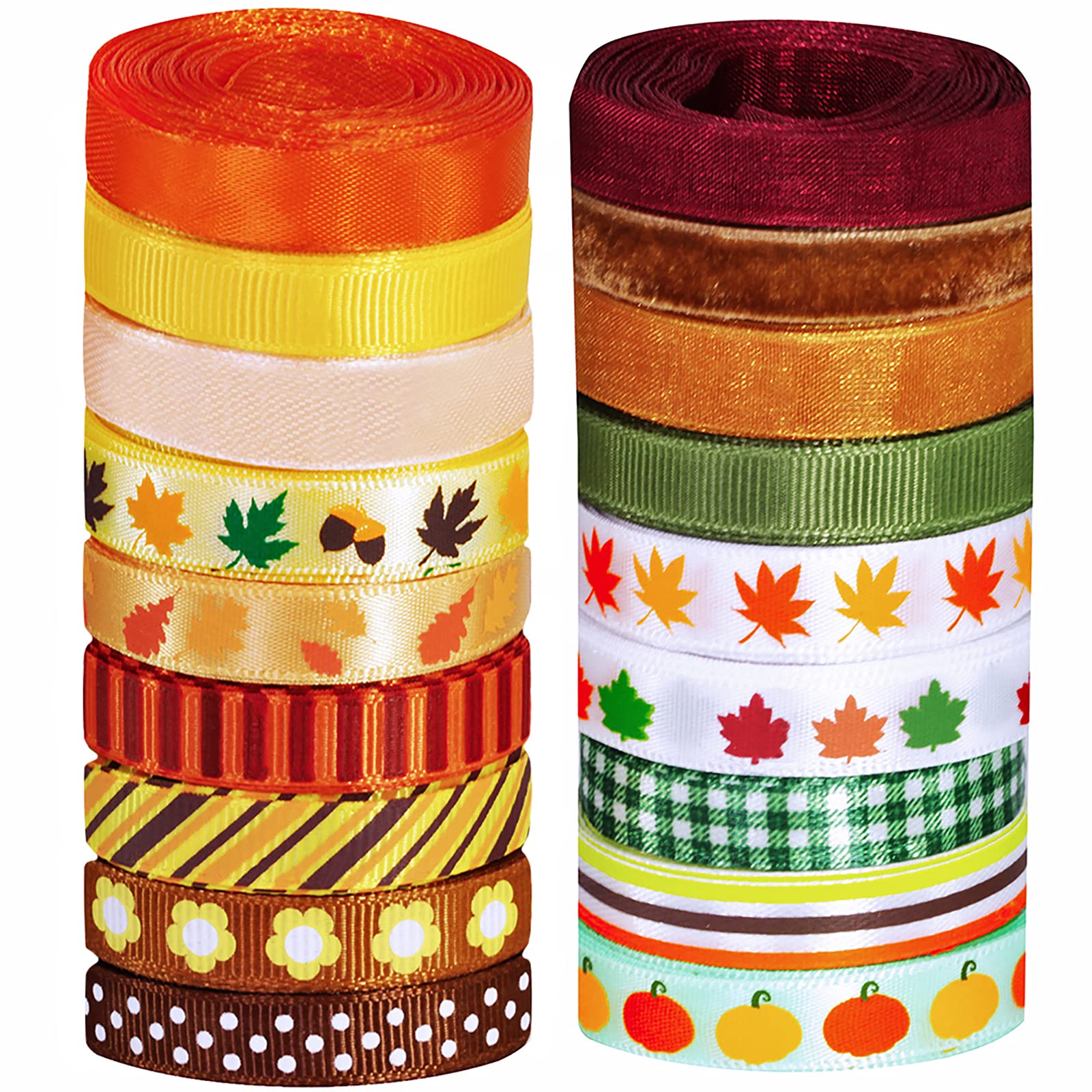 Supla 18 Rolls Fall Ribbons Bulk Trims Printed Grosgrain Ribbons Multicolor Satin Ribbons Organza Ribbons Velvet Ribbon 3/8" Wide for Craft Gift Wrapping Autumn Holiday Wedding Festival Season Party