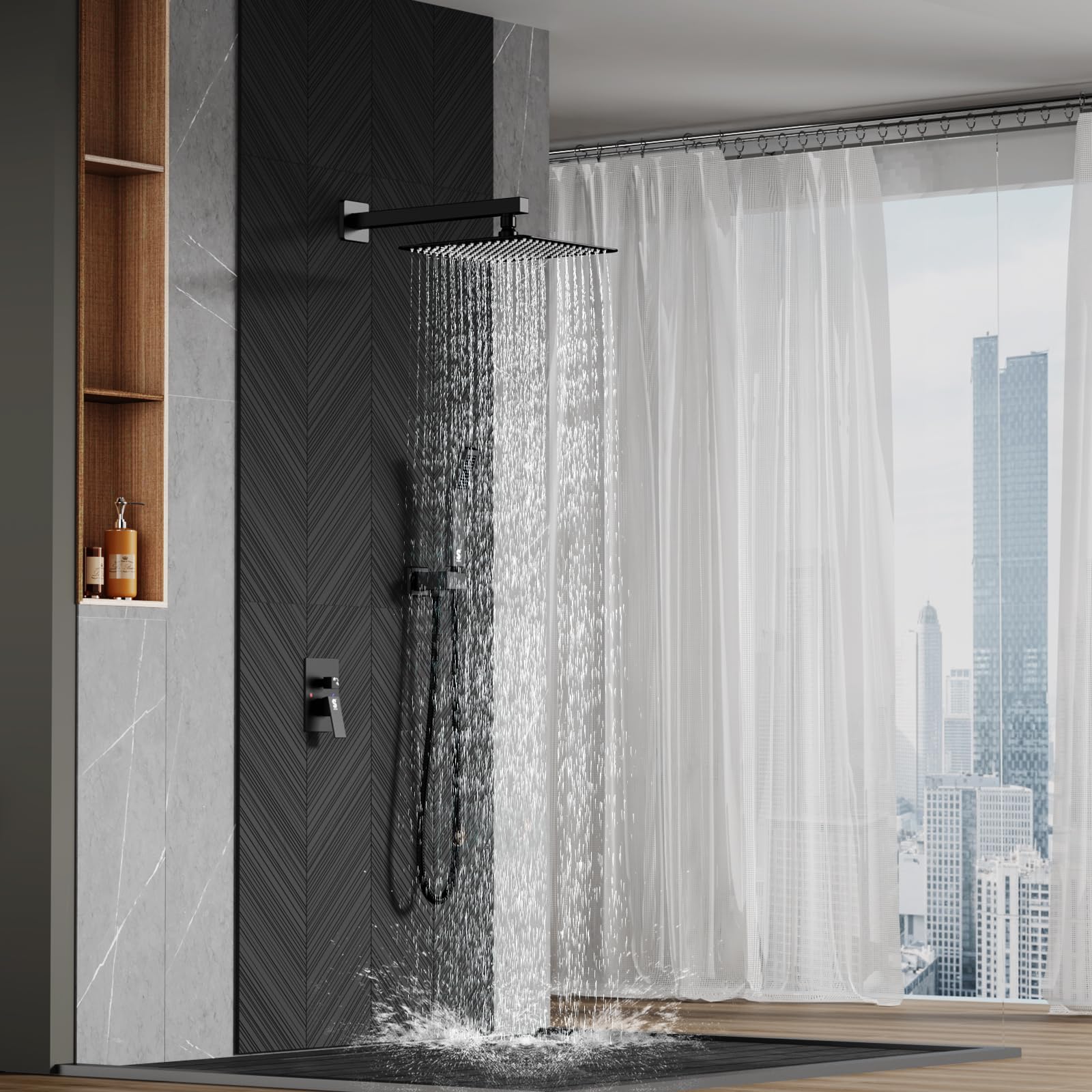 SR SUN RISE 12 Inches Matte Black Shower System 12 Inch Brass Bathroom Luxury Rain Mixer Shower Combo Set Wall Mounted Rainfall Shower Head System Shower Faucet Rough-in Valve Body and Trim Included