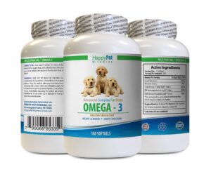 happy pet vitamins llc dog skin and coat supplements - dog omega 3 - healthy skin coat and joints - brain and heart health - allergy relief - omega e fish oil for dogs - 1 bottle (180 softgels)