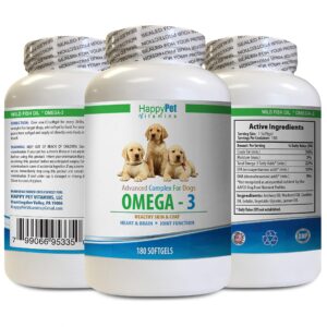 HAPPY PET VITAMINS LLC Dog Skin and Coat Supplements - Dog Omega 3 - Healthy Skin Coat and Joints - Brain and Heart Health - Allergy Relief - Omega e Fish Oil for Dogs - 1 Bottle (180 Softgels)