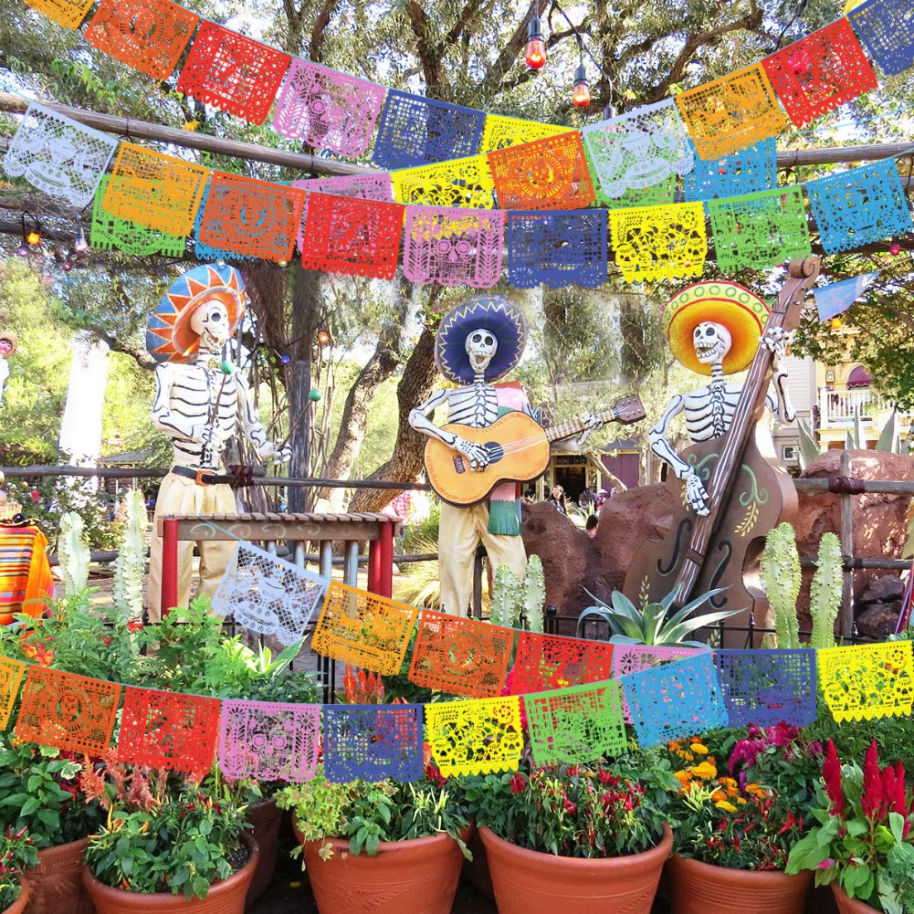 FUTUREPLUSX Mexican Party Banner, 18 Feet Plastic Day of The Dead Papel Picado Banner Cinco De Mayo Decorations Mexican Fiesta Garland for Party Supplies