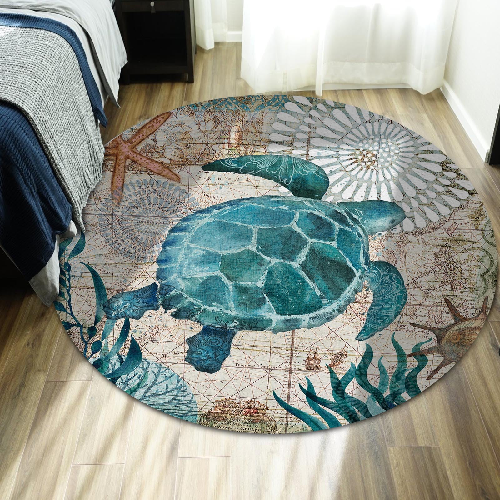 Libaoge Round Area Rugs 5 ft Diameter Indoor Aloha Mats Sea Turtle Ocean Animal Nautical Map Soft Living Room Bedroom Unique Carpet Woman Yoga Mat Home Decor