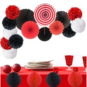 Recosis Hanging Paper Fan Set, Tissue Paper Pom Poms Flower Fan and Honeycomb Balls for Birthday Baby Shower Wedding Festival Decorations - Red Black and White