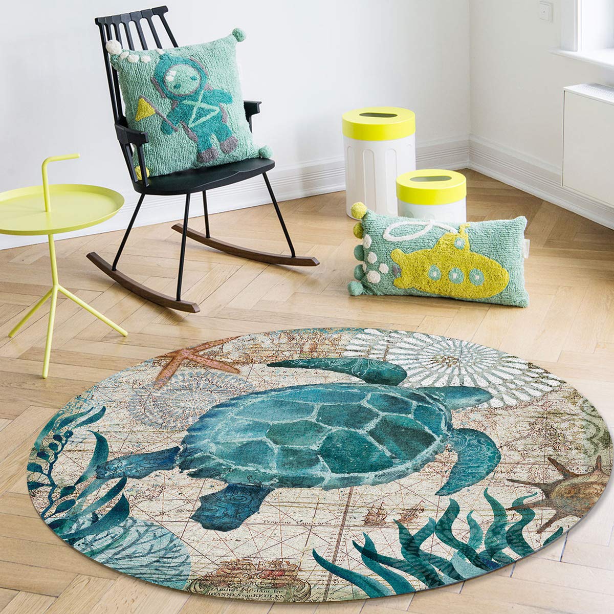 Libaoge Round Area Rugs 5 ft Diameter Indoor Aloha Mats Sea Turtle Ocean Animal Nautical Map Soft Living Room Bedroom Unique Carpet Woman Yoga Mat Home Decor