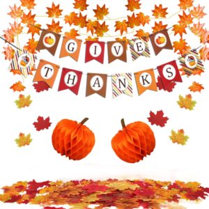 give thanks hanging banner autumn pumpkin honeycomb ball maple leaf garland fall harvest welcome banner for thanksgiving party decorations