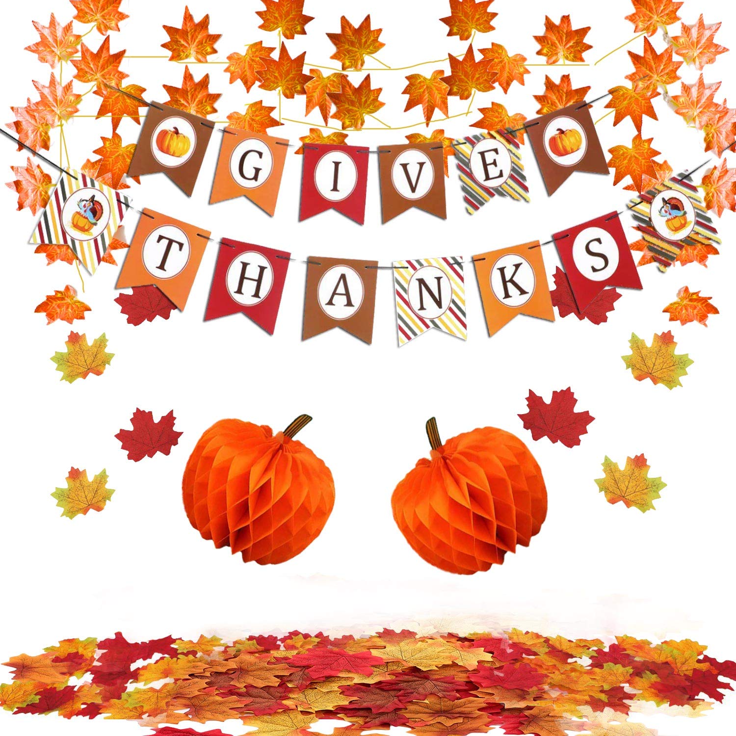 GIVE Thanks Hanging Banner Autumn Pumpkin Honeycomb Ball Maple Leaf Garland Fall Harvest Welcome Banner for Thanksgiving Party Decorations