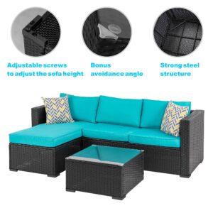 Walsunny Patio Furniture Set 3 Piece Outdoor Sectional Patio Sofa, All Weather Wicker Rattan Outdoor Furniture with Glass Table and Cushions(Black/Blue)