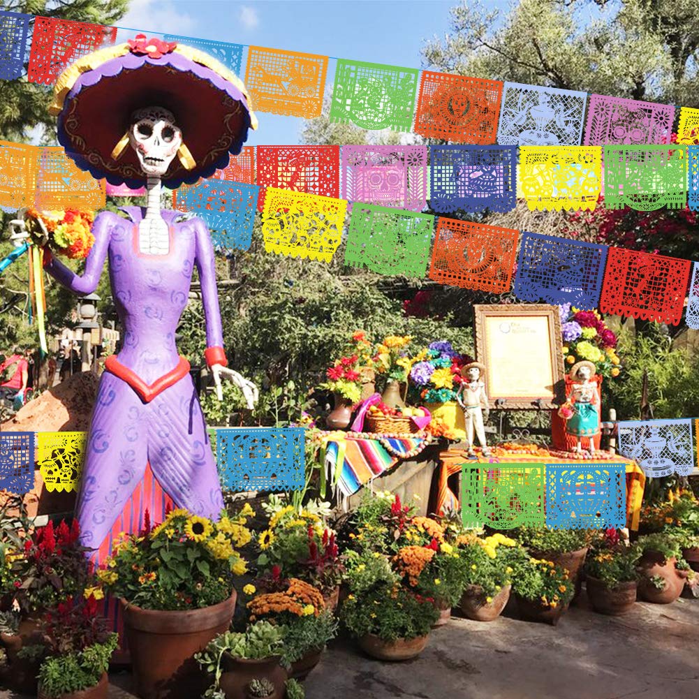 FUTUREPLUSX Mexican Party Banner, 18 Feet Plastic Day of The Dead Papel Picado Banner Cinco De Mayo Decorations Mexican Fiesta Garland for Party Supplies