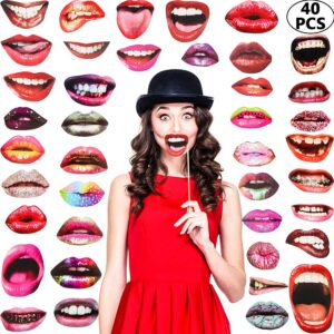 party photo booth props, funny mouth lips photo booth prop, funny mouth diy set with wood stick selfie props accessories for birthday/wedding/graduation/halloween party (mouth lip, 40 pieces)