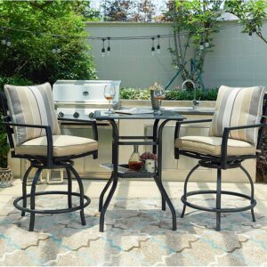 patiofestival 3 pcs outdoor height bistro chairs set patio swivel bar stools with 2 yard armrest chairs and 1 glass top table,all weather steel frame furniture (chairs&table set)