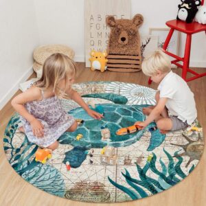 Libaoge Round Area Rugs 5 ft Diameter Indoor Aloha Mats Sea Turtle Ocean Animal Nautical Map Soft Living Room Bedroom Unique Carpet Woman Yoga Mat Home Decor