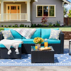 Walsunny Patio Furniture Set 3 Piece Outdoor Sectional Patio Sofa, All Weather Wicker Rattan Outdoor Furniture with Glass Table and Cushions(Black/Blue)