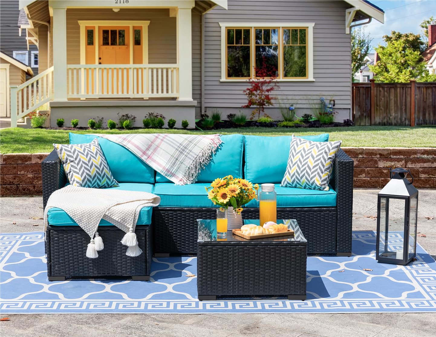 Walsunny Patio Furniture Set 3 Piece Outdoor Sectional Patio Sofa, All Weather Wicker Rattan Outdoor Furniture with Glass Table and Cushions(Black/Blue)