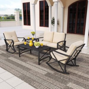 patiofestival 5 pcs metal patio furniture conversation set, outdoor patio conversation sectional sets,iron steel frame loveseat chair with cushions, coffee table (5 pcs, khaki)