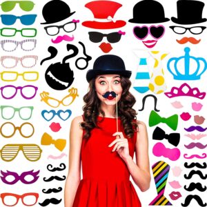 60 pieces photo booth props diy kit graduation funny selfie props accessories for wedding prom photo booth party supplies favors with mustache on a stick, hats, glasses, mouth, bowler, bowties