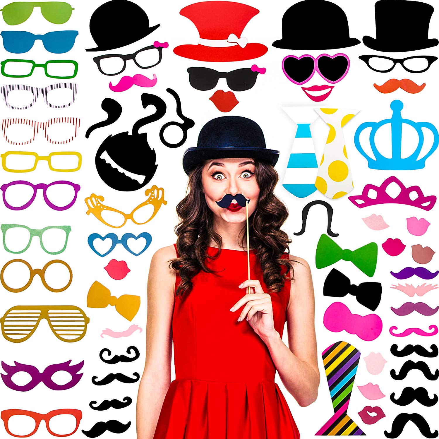 60 Pieces Photo Booth Props DIY Kit Graduation Funny Selfie Props Accessories for Wedding Prom Photo Booth Party Supplies Favors with Mustache on a Stick, Hats, Glasses, Mouth, Bowler, Bowties