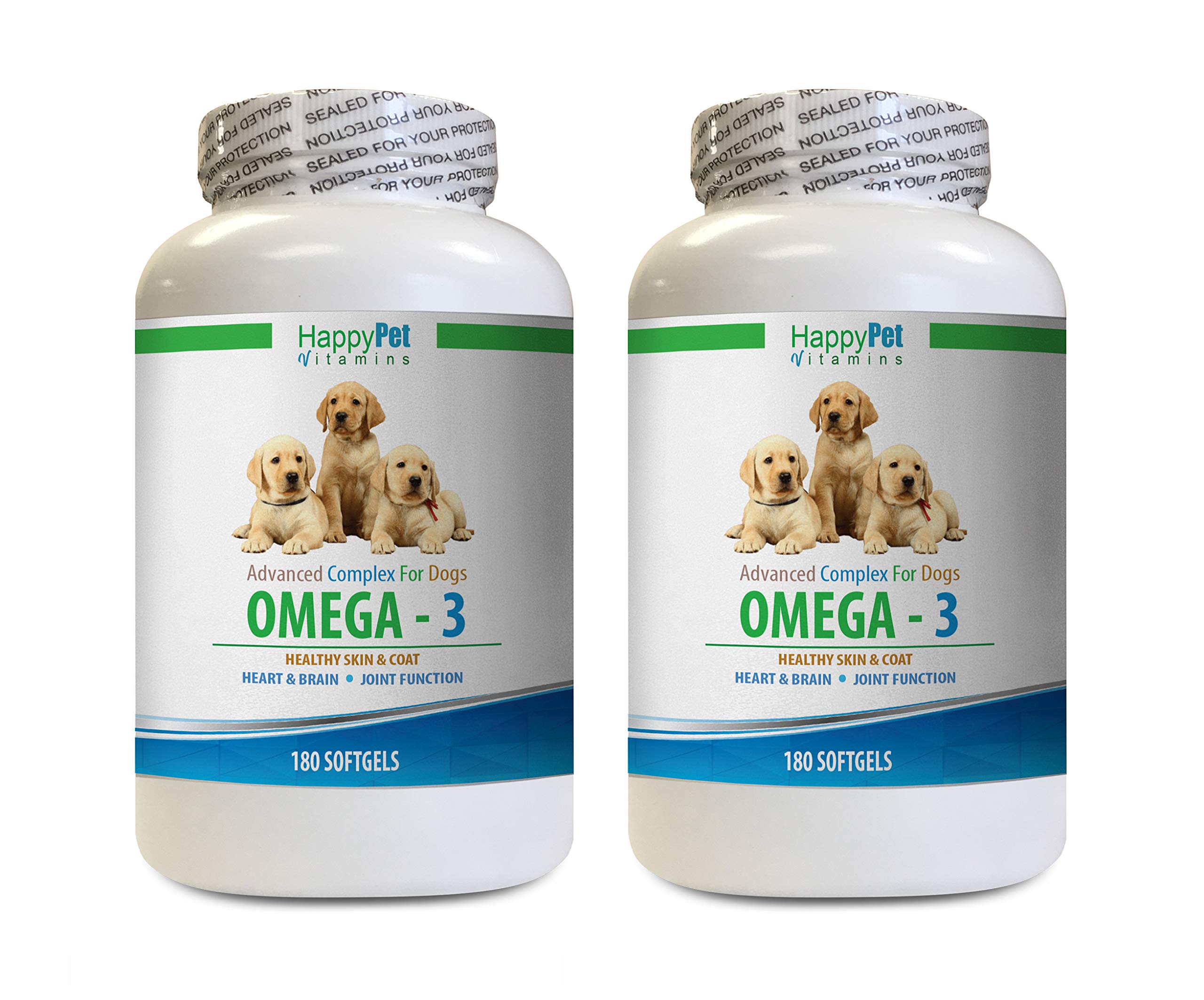 HAPPY PET VITAMINS LLC Dog Allergy Itch Relief - Dog Omega 3 - Healthy Skin Coat and Joints - Brain and Heart Health - Allergy Relief - epa Fish Oil for Dogs - 2 Bottles (360 Softgels)