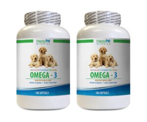 happy pet vitamins llc dog skin dandruf - dog omega 3 - healthy skin coat and joints - brain and heart health - allergy relief - 03 omega for dogs - 2 bottles (360 softgels)