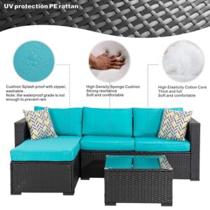 Walsunny Patio Furniture Set 3 Piece Outdoor Sectional Patio Sofa, All Weather Wicker Rattan Outdoor Furniture with Glass Table and Cushions(Black/Blue)