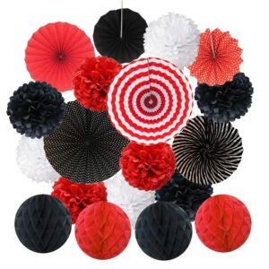 recosis hanging paper fan set, tissue paper pom poms flower fan and honeycomb balls for birthday baby shower wedding festival decorations - red black and white