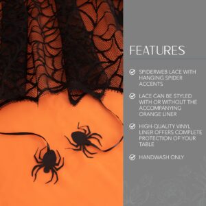 Elrene Home Fashions Crawling Spider Halloween Tablecloth Lace Lined with Removable Orange Plastic Liner, 60" x 84" Rectangle, Orange & Black