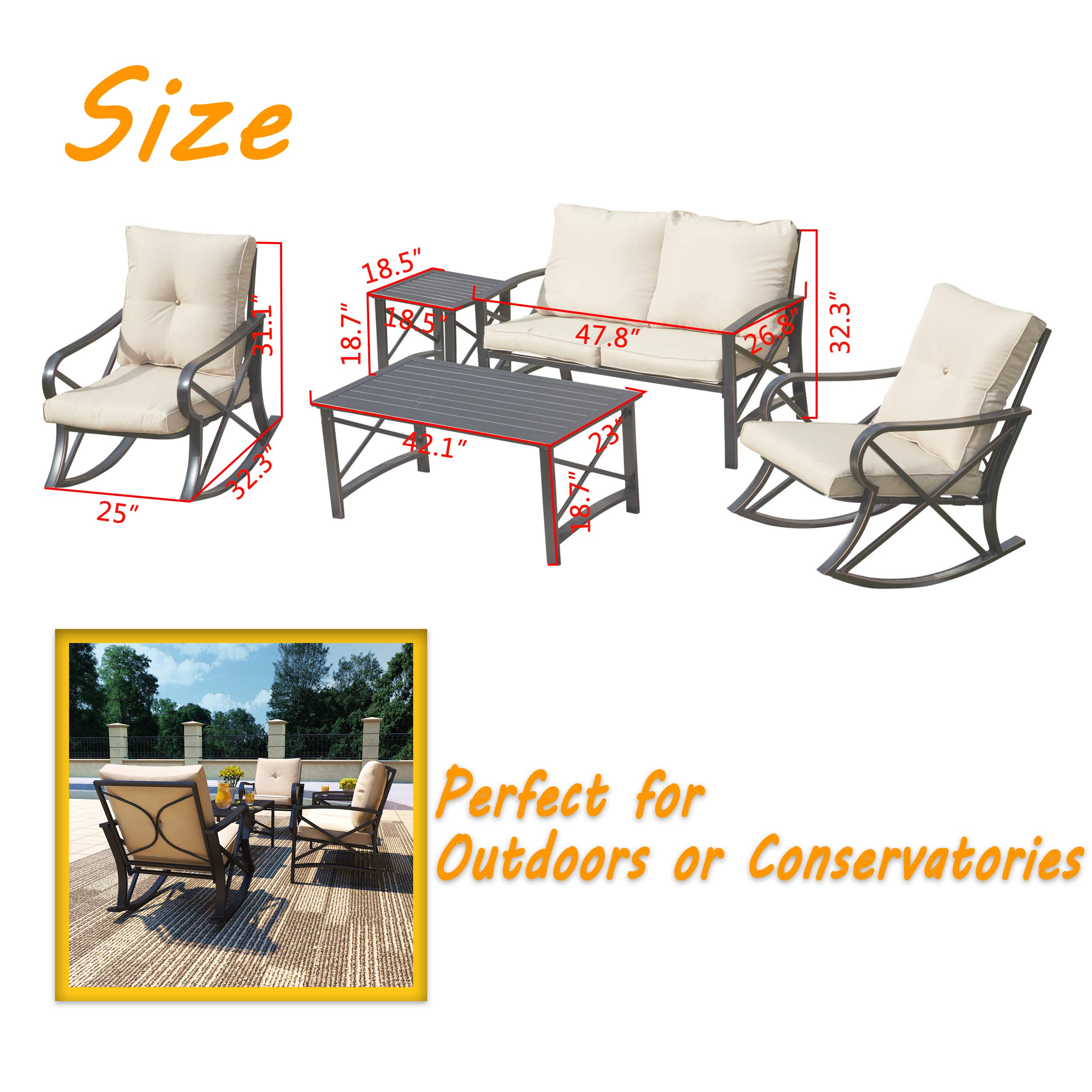 PatioFestival 5 PCS Metal Patio Furniture Conversation Set, Outdoor Patio Conversation Sectional Sets,Iron Steel Frame Loveseat Chair with Cushions, Coffee Table (5 PCS, Khaki)