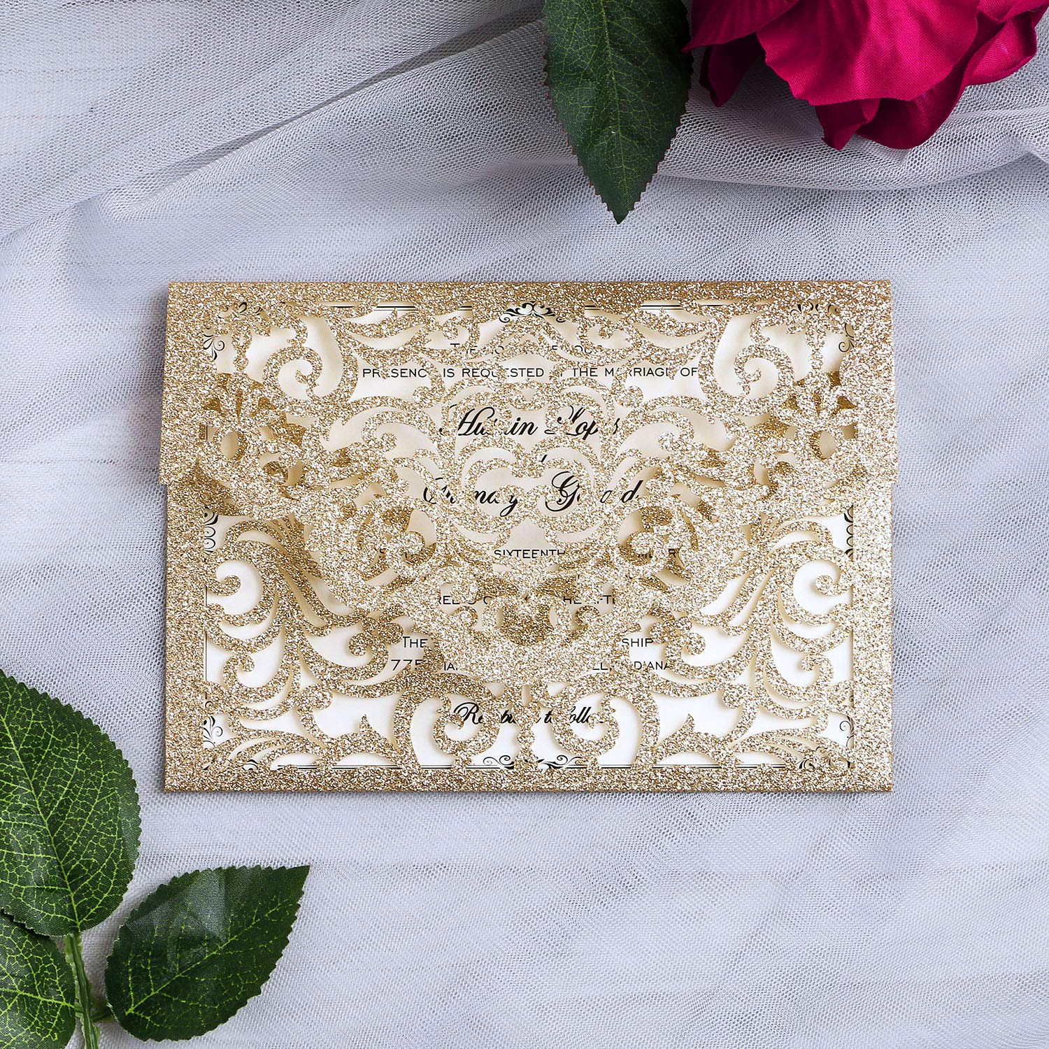 YIMIL 20 Pcs Laser Cut Wedding Invitation Cards with Envelopes for Wedding Quinceañera Birthday Engagement Bridal Shower Graduation Party (Gold Glittler)