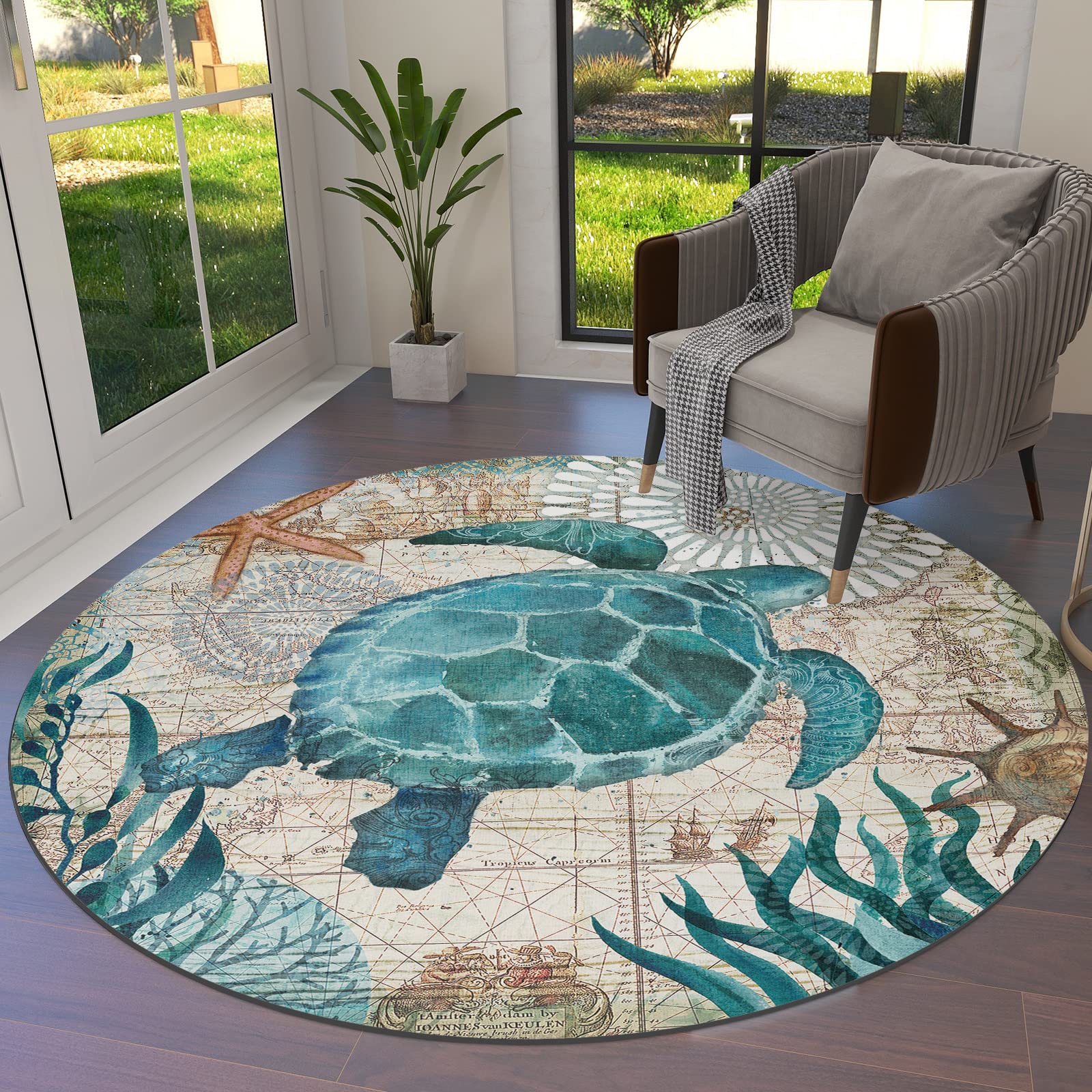 Libaoge Round Area Rugs 5 ft Diameter Indoor Aloha Mats Sea Turtle Ocean Animal Nautical Map Soft Living Room Bedroom Unique Carpet Woman Yoga Mat Home Decor