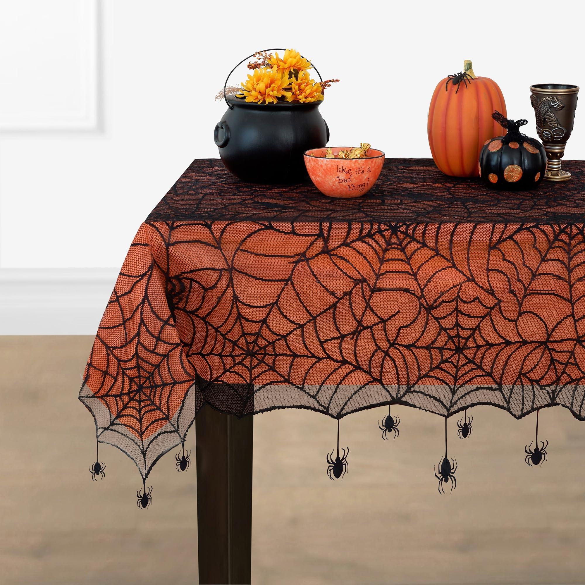 Elrene Home Fashions Crawling Spider Halloween Tablecloth Lace Lined with Removable Orange Plastic Liner, 60" x 84" Rectangle, Orange & Black