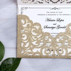 YIMIL 20 Pcs Laser Cut Wedding Invitation Cards with Envelopes for Wedding Quinceañera Birthday Engagement Bridal Shower Graduation Party (Gold Glittler)