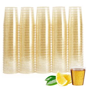 matana 100 pack clear plastic shot glasses gold glitter 2 oz - sturdy & reusable - jello & tequila shots, sample tasting cups - birthdays, weddings, christmas, bbq, parties