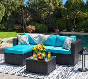 walsunny patio furniture set 3 piece outdoor sectional patio sofa, all weather wicker rattan outdoor furniture with glass table and cushions(black/blue)