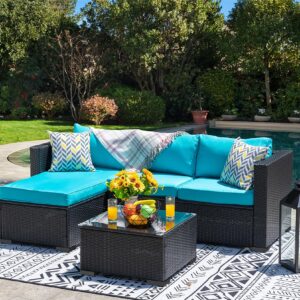 Walsunny Patio Furniture Set 3 Piece Outdoor Sectional Patio Sofa, All Weather Wicker Rattan Outdoor Furniture with Glass Table and Cushions(Black/Blue)