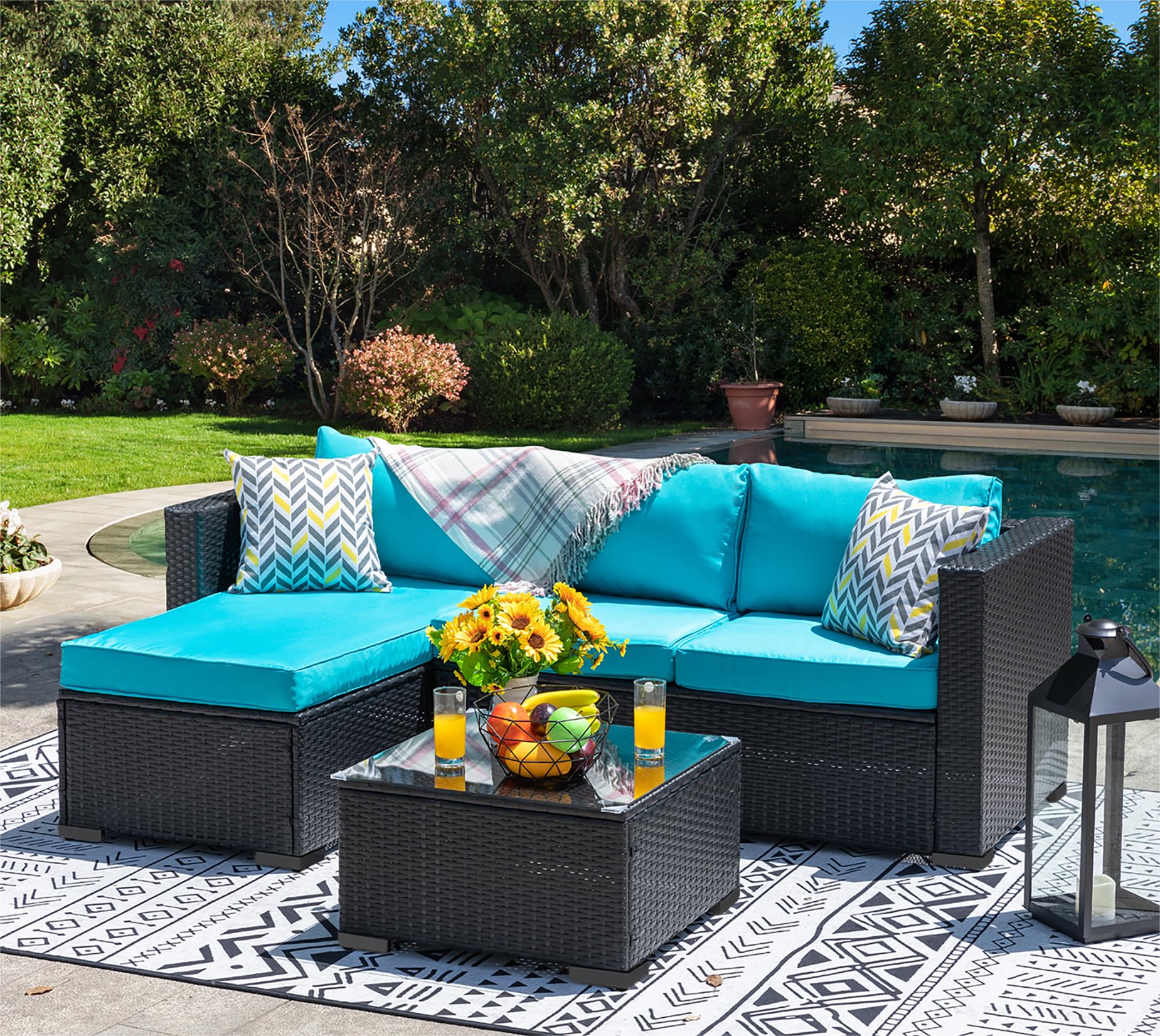 Walsunny Patio Furniture Set 3 Piece Outdoor Sectional Patio Sofa, All Weather Wicker Rattan Outdoor Furniture with Glass Table and Cushions(Black/Blue)