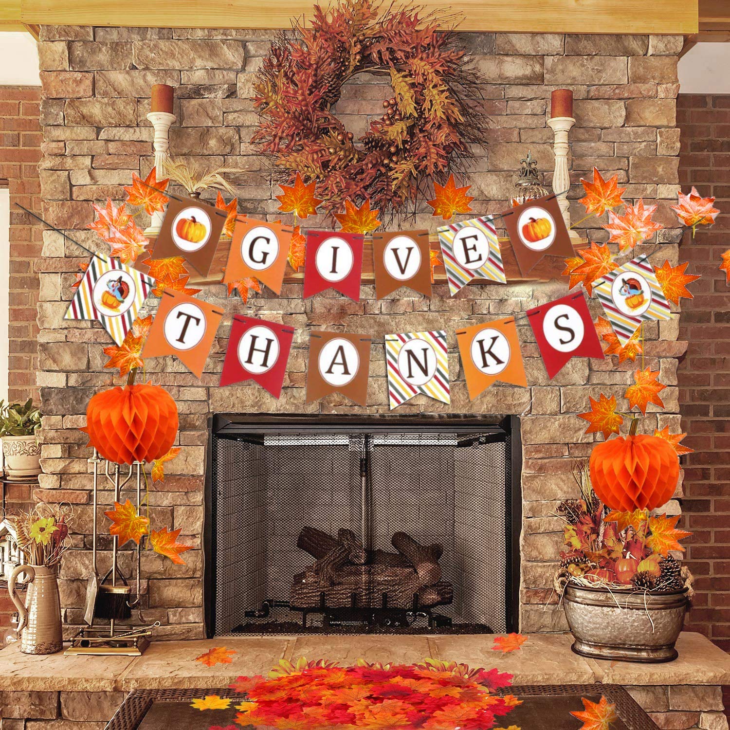 GIVE Thanks Hanging Banner Autumn Pumpkin Honeycomb Ball Maple Leaf Garland Fall Harvest Welcome Banner for Thanksgiving Party Decorations