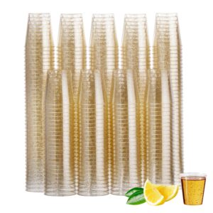 matana 150 glitter gold plastic shot glasses 1oz - clear plastic shot cups for party, gold shot glasses, wine tasting cups, food sample cups, perfect for wedding, birthday, christmas party & events