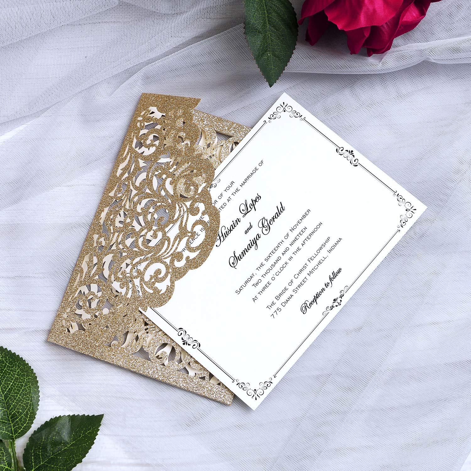 YIMIL 20 Pcs Laser Cut Wedding Invitation Cards with Envelopes for Wedding Quinceañera Birthday Engagement Bridal Shower Graduation Party (Gold Glittler)