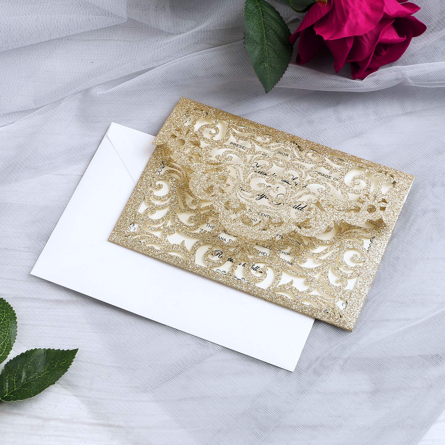 YIMIL 20 Pcs Laser Cut Wedding Invitation Cards with Envelopes for Wedding Quinceañera Birthday Engagement Bridal Shower Graduation Party (Gold Glittler)