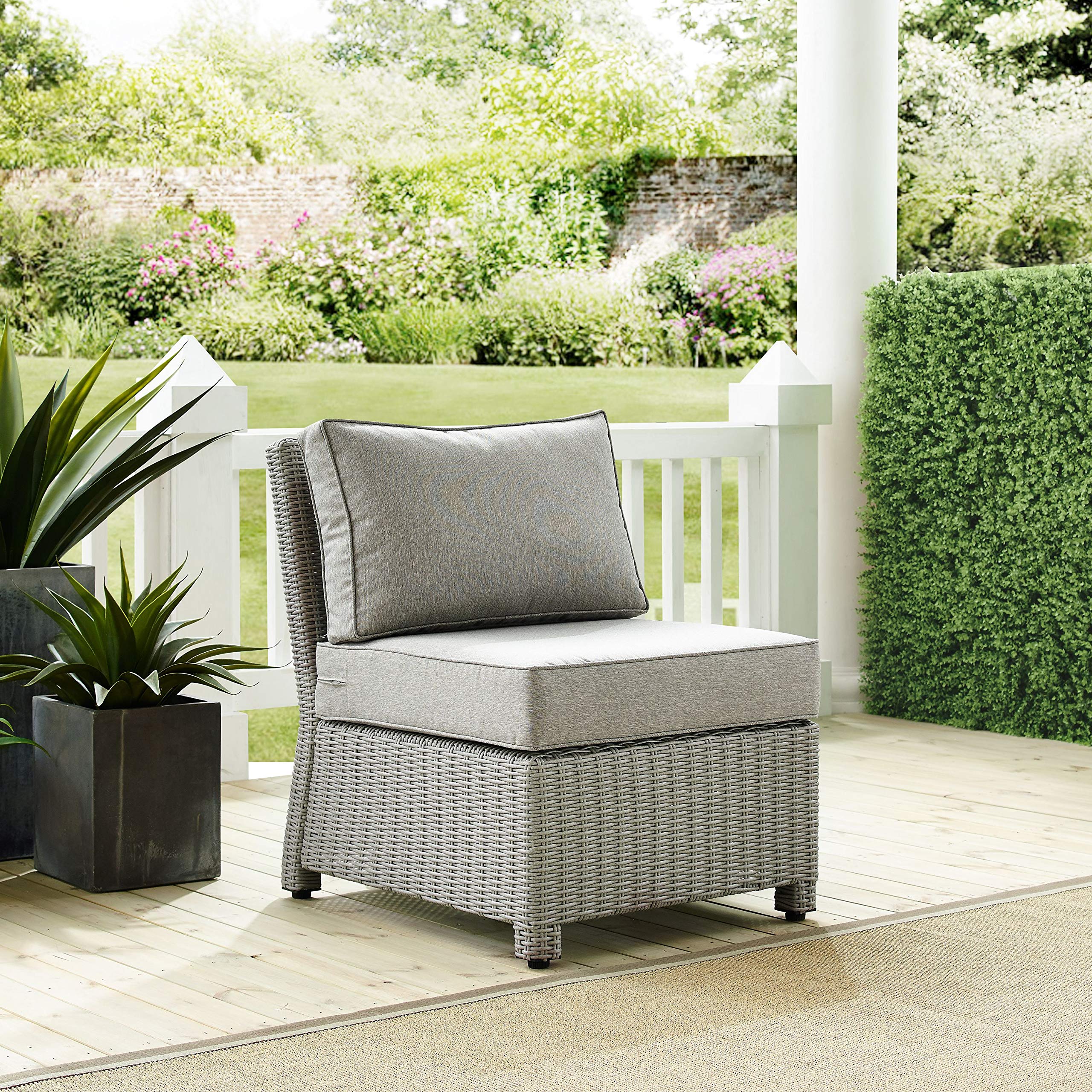 Crosley Furniture Bradenton Armless Outdoor Sectional Chair, Wicker Patio Chairs for Porch, Deck, Backyard, Gray with Gray Cushions