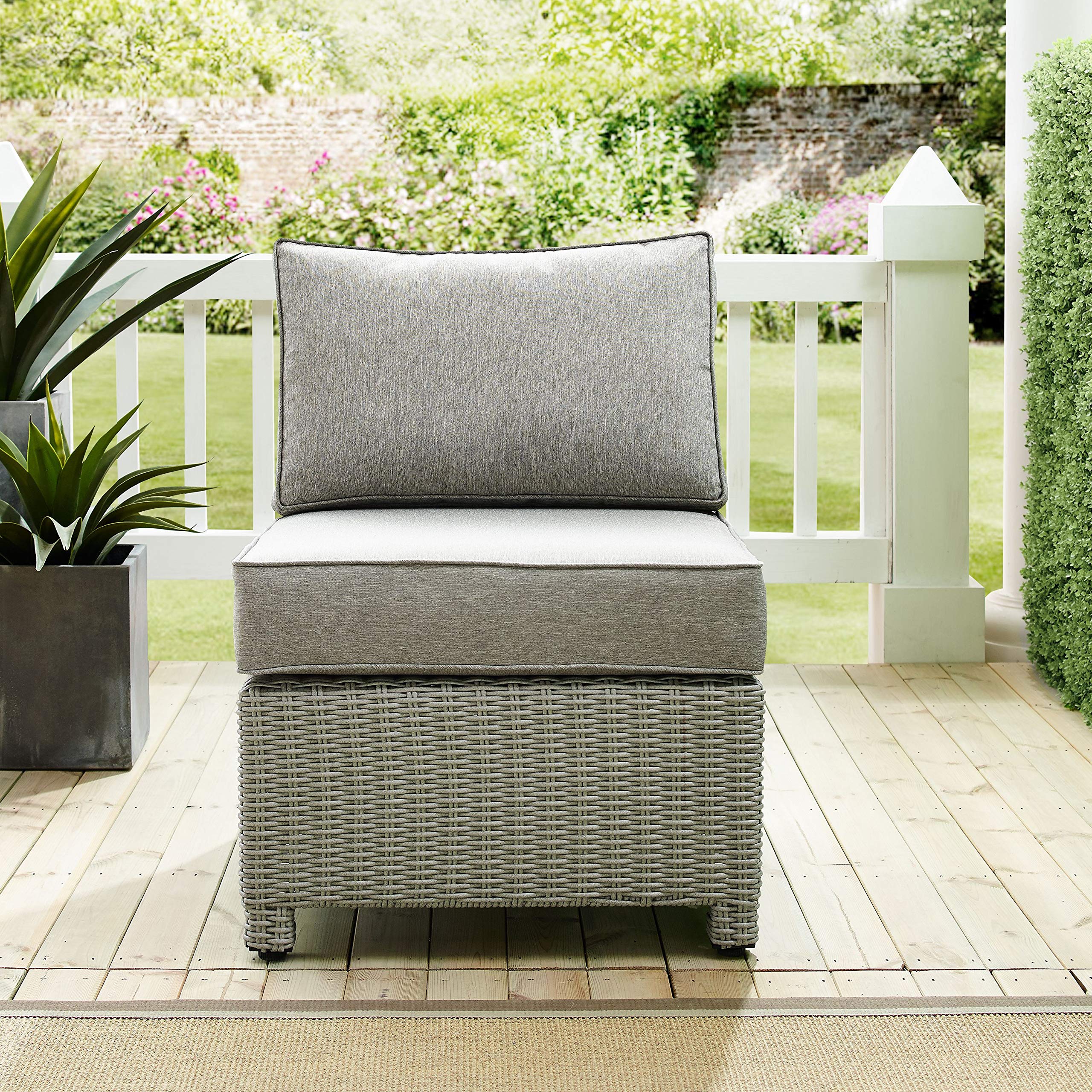 Crosley Furniture Bradenton Armless Outdoor Sectional Chair, Wicker Patio Chairs for Porch, Deck, Backyard, Gray with Gray Cushions