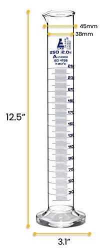 EISCO Graduated Cylinder, 250ml - Class A Tolerance ±1.00ml - Round Base - Blue Graduations - Borosilicate 3.3 Glass